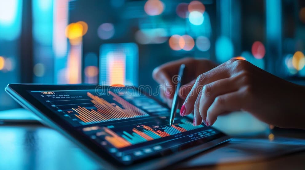 Analyzing Financial Data on a Tablet with Stylus in Hand Stock Photo ...