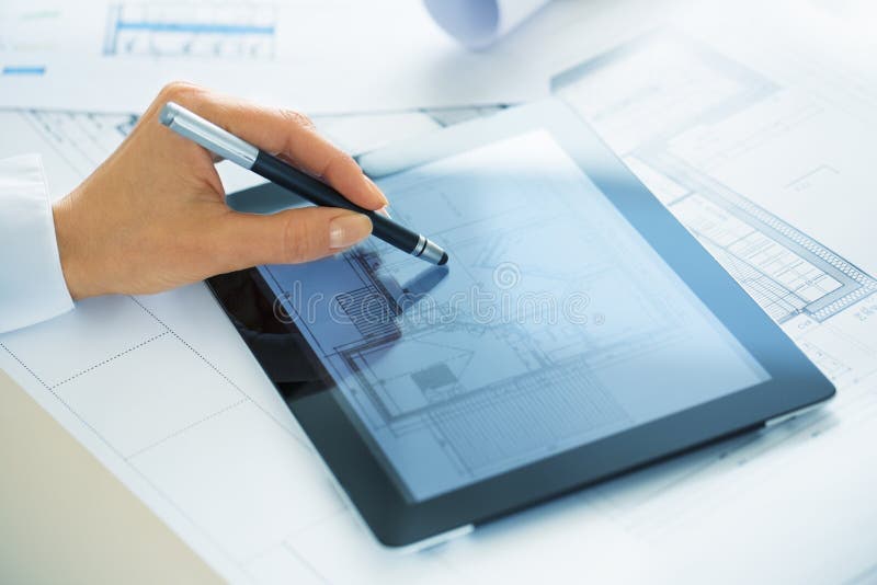 Architect Woman Working with Electronic Tablet Stock Image - Image of ...