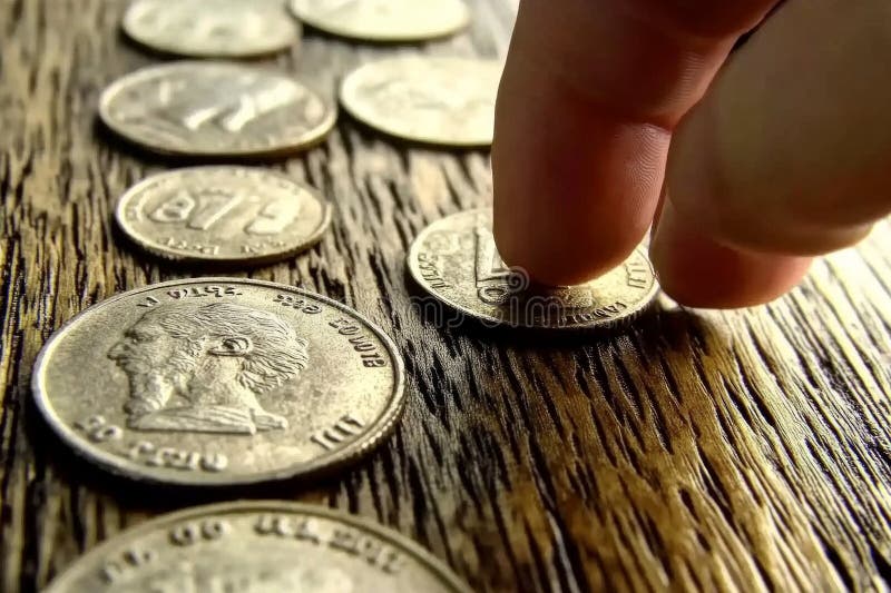 Generative Ai, Close-up of Hands Arranging Coins on a Brown Table ...