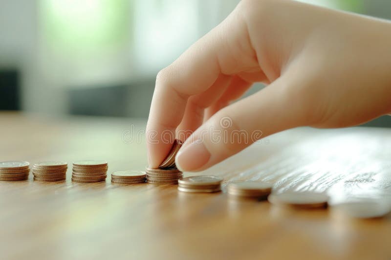 Generative Ai, Close-up of Hands Arranging Coins on a Brown Table ...