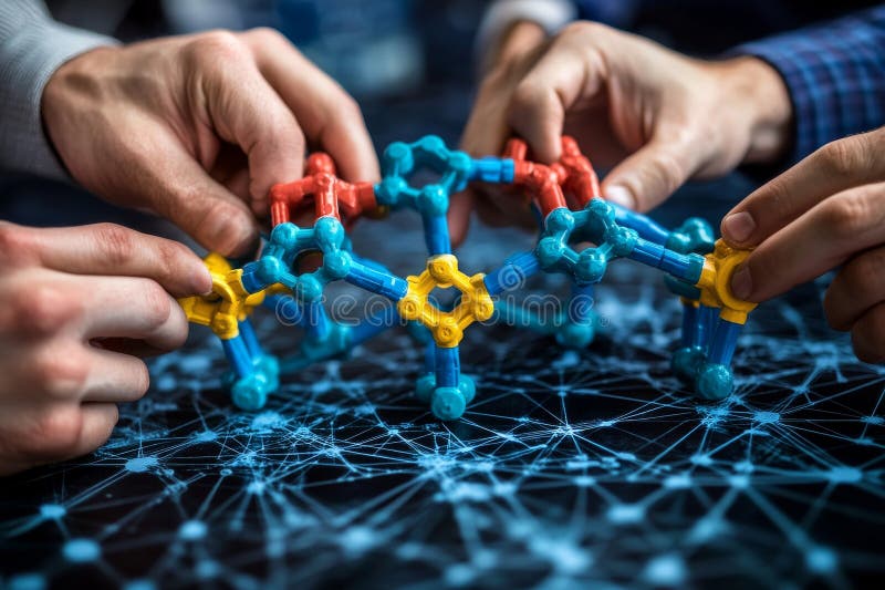 Close Up of Hands Assembling a Blue Molecular Structure with Yellow ...