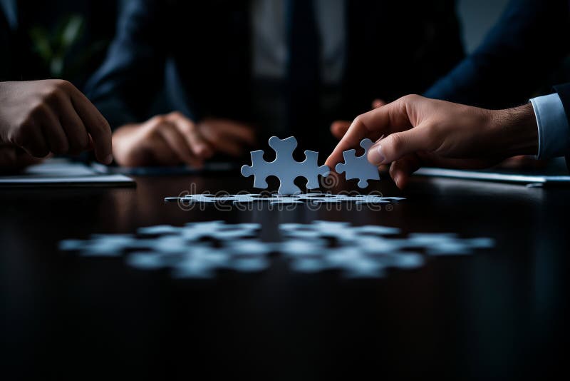 Close Up of Hands Assembling Puzzle Pieces on Dark Table, Showcasing ...