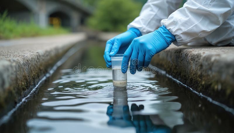 Close-up of Hands in Blue Gloves Collecting Water Sample in Plastic ...