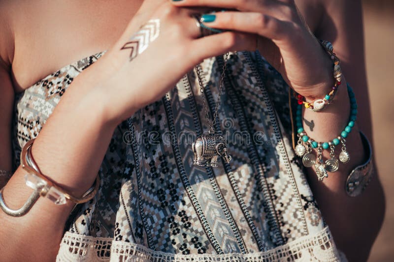 Close Up Hands with Boho Accessories Stock Image - Image of fashion ...