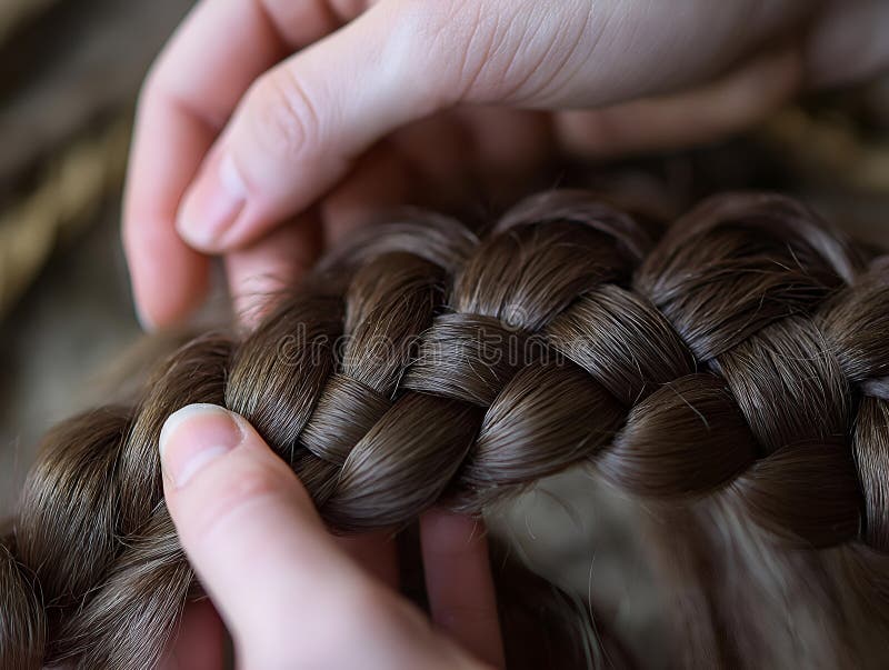 Close Up of Hands Braiding Thick Brown Hair, Showcasing Braiding ...