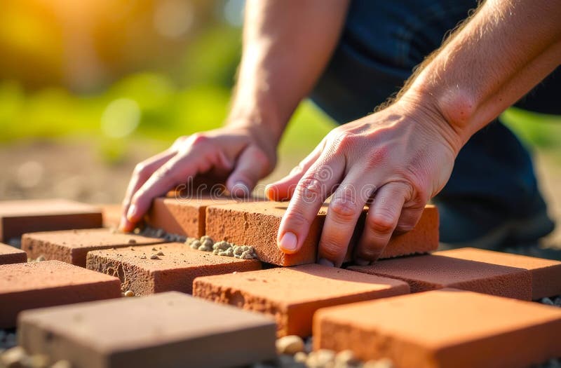 Close-up, Hands of a Builder Laying Red Bricks. Construction of ...