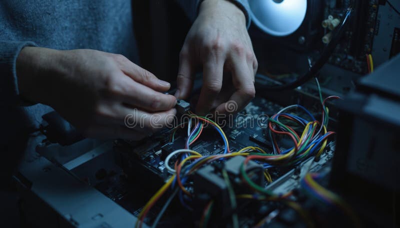 Close-up Hands Connecting Electrical Wires Inside Computer. Technician Works on Circuit Board ...
