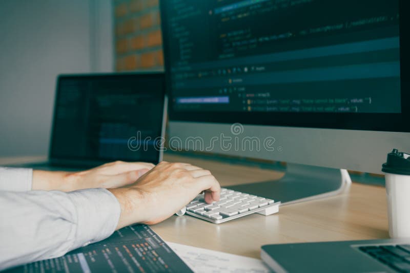 Close Up of Hands Contemporary Website Developer Man Typing and Writing ...