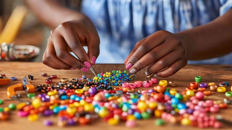 Close Up of Hands Crafting Handmade Jewelry with Colorful Beads and ...