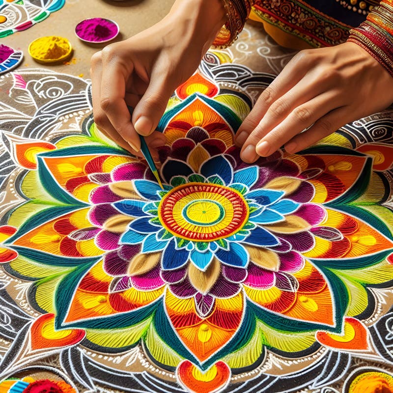 Close-up of Hands Creating a Colorful Rangoli Pattern. Stock Photo ...