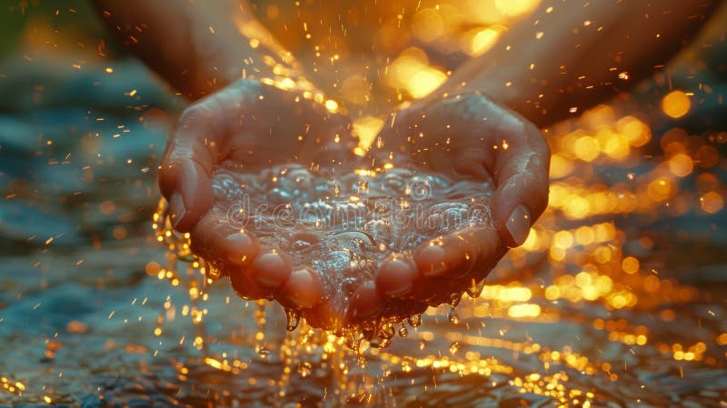 Hands Holding Sparkling Water with Sunlight Reflections Stock ...