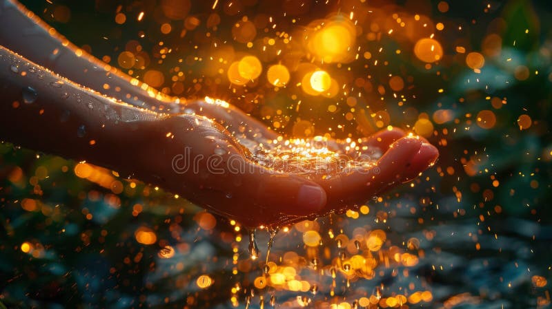 Hands Holding Sparkling Water with Sunlight Reflections Stock ...