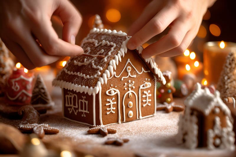 Close-up Hands Decorating a Gingerbread House for Christmas Stock ...