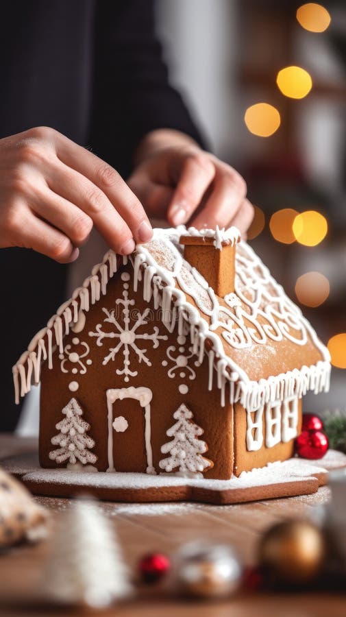 Close Up of Hands Decorating Gingerbread House. Vertical Poster Stock ...