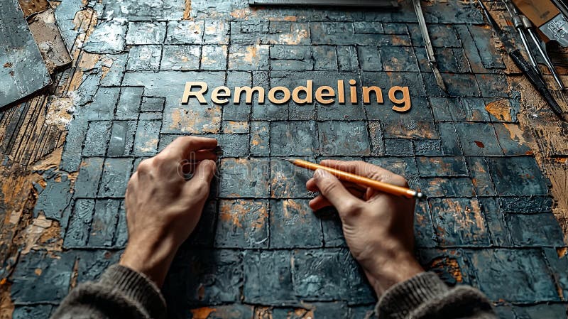 Crafting a Remodeling Sign on Textured Surface with Hands Stock ...