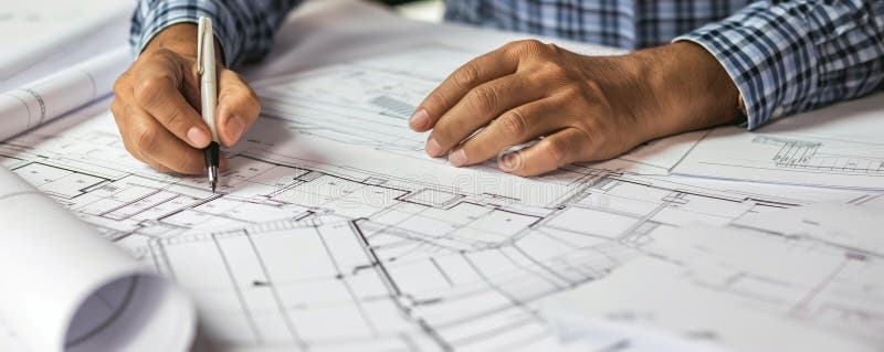 Close-up of Hands Drawing on Architectural Blueprint Stock Illustration ...