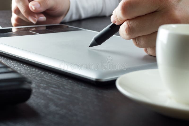 Close-up of Hands Drawing on Graphic Tablet Stock Image - Image of ...
