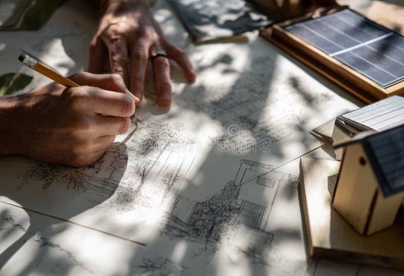 Hands Sketching Off Grid Design Process Outdoors, Solar Panel Model ...