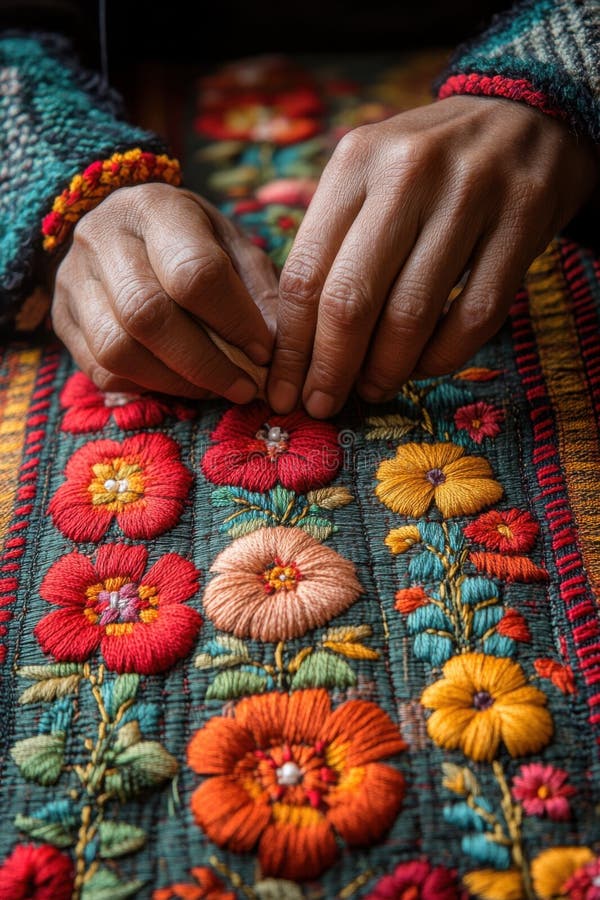 Close-up of Hands Embroidering Colorful Floral Pattern on Fabric Stock ...