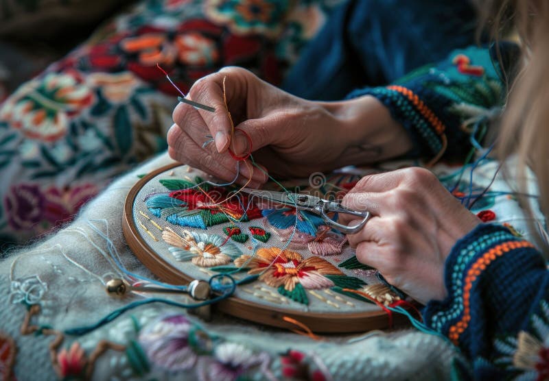 Close Up of Hands Embroidering Colorful Floral Patterns on Fabric Using ...