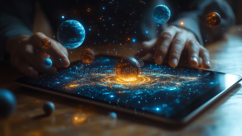 Hands Interacting with Digital Holographic Solar System Stock ...
