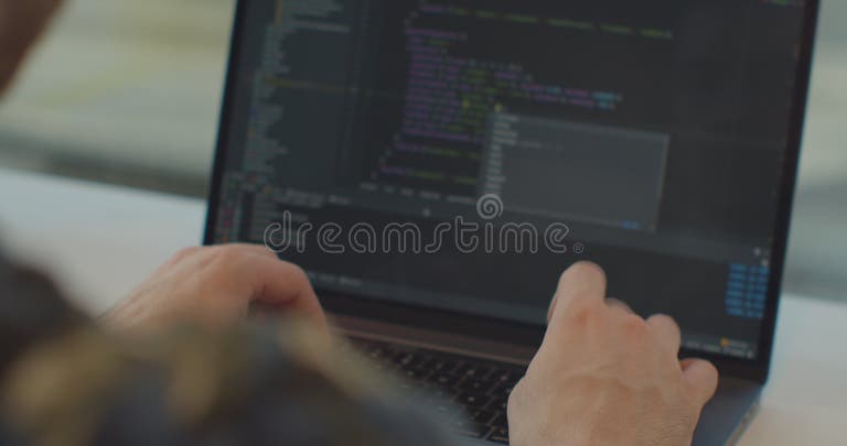 Close Up Hands Engineers Developing Software App Using Digital Laptop Computer Typing Code on ...