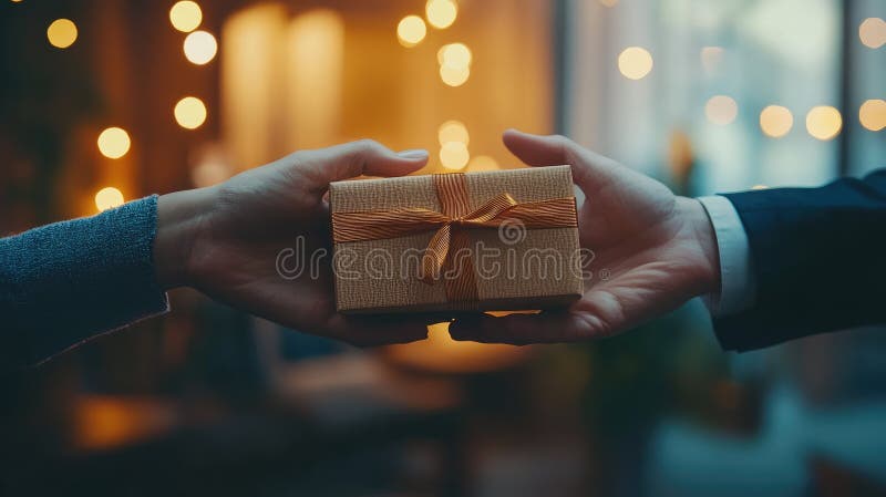 Close-up of Hands Exchanging Beautifully Wrapped Business Gift in ...