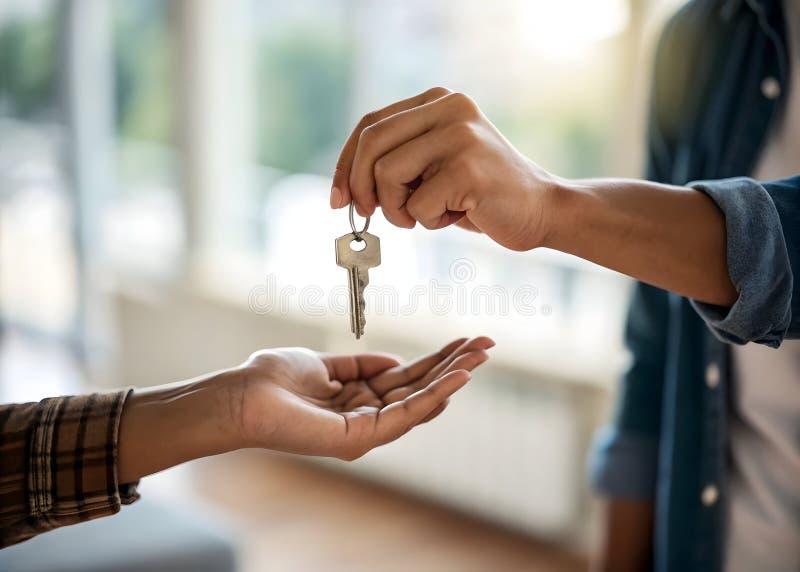 Close-up of Hands Exchanging a Key in a Real Estate Transaction Stock ...