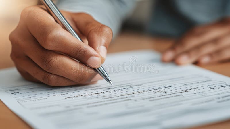 First-Person View of Hands Completing HR Onboarding Form with Pen Stock ...