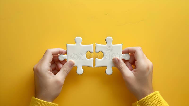 Hands Connecting Two Jigsaw Puzzle Pieces on Yellow Background. Concept ...