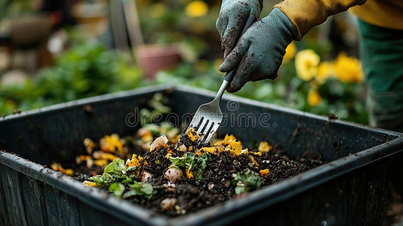 Close-up of Hands in Gloves Using a Fork To Mix Compost in a Bin Stock ...