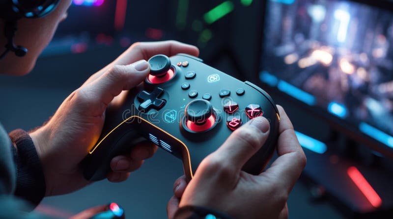Gamer S Hands Holding a High-Tech Controller with Illuminated Buttons ...
