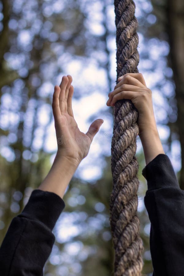 Close-up of Hands Gripping a Thick Rope with a Blurred Forest ...