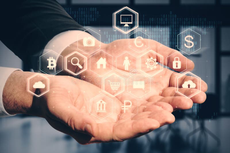 Close Up of Hands Holding Creative Hexagonal Hologram on Blurry Office ...