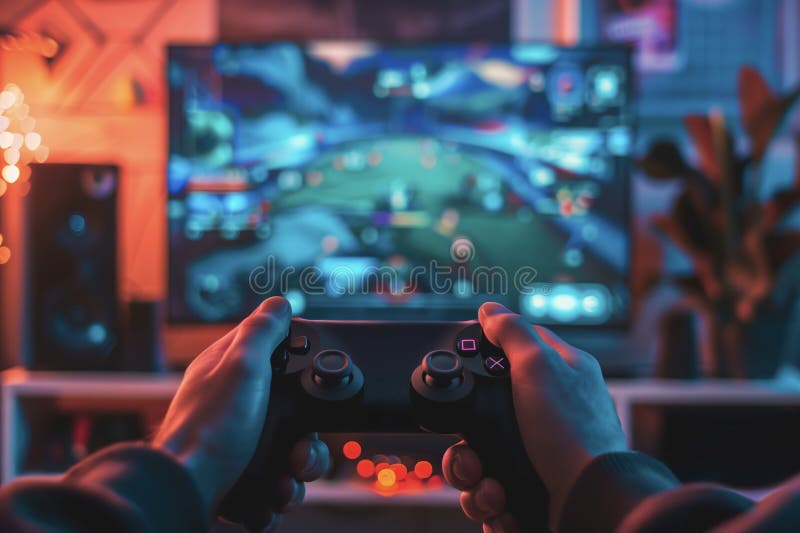 Close-up of Hands Holding a Game Controller, Playing a Video Game on a ...