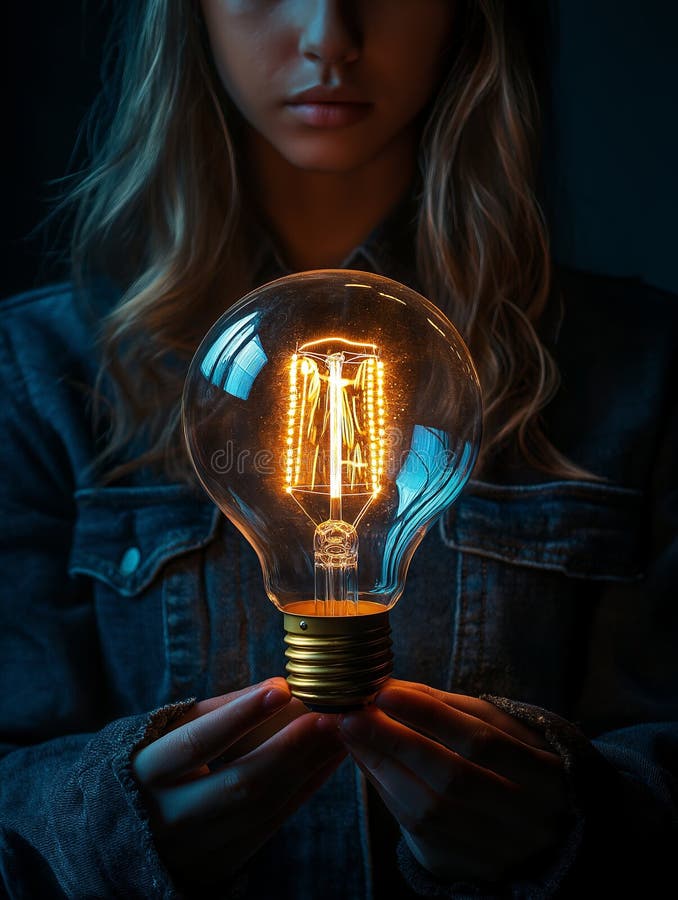 Glowing Lightbulb Held in Hands Stock Illustration - Illustration of ...