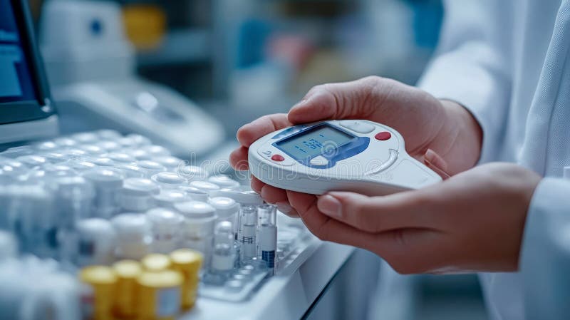 Close-up of Hands Holding a Glucometer in a Clinical Setting ...