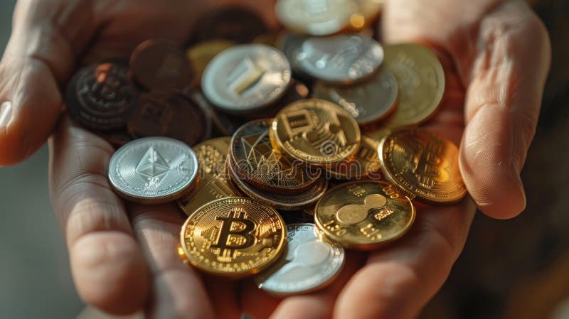 Close Up of Hands Holding Hyper Realistic Cryptocurrency Coins, Variety ...
