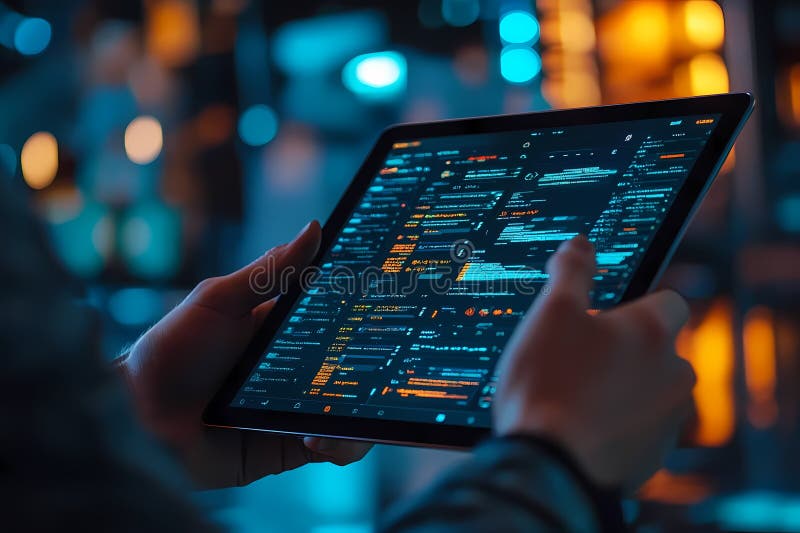 A Close-up of Hands Holding an IPad Displaying Complex Data Graphs, Set ...