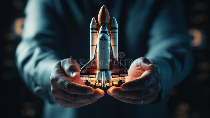 Hands Presenting Model Space Shuttle with Glowing Boosters Stock ...