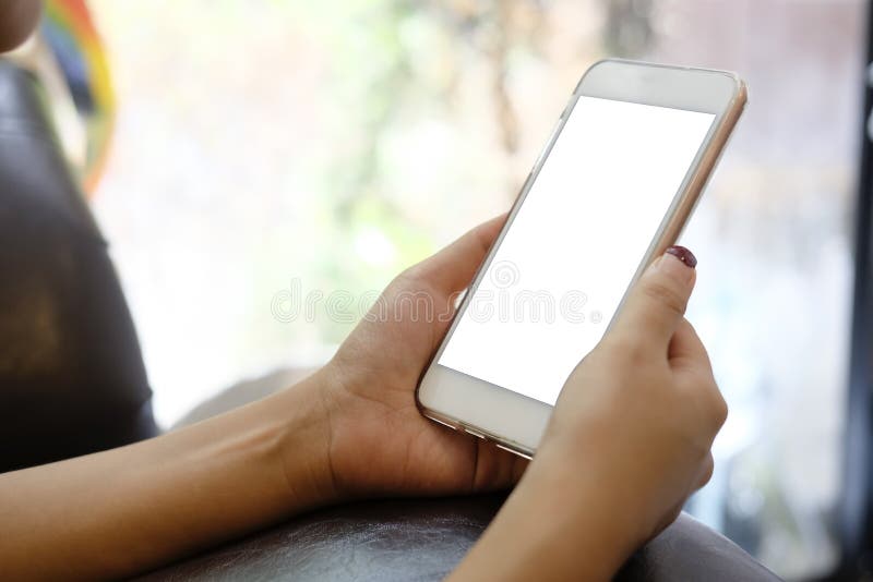 Close Up Hands Holding Mockup Mobile Smartphone with White Scree Stock ...