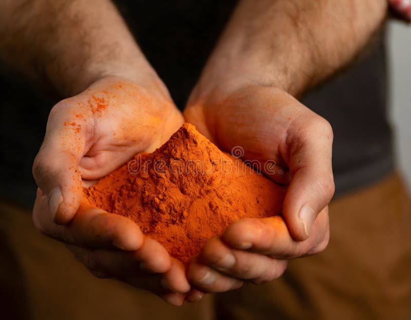 Close-up of Hands Holding Orange Powder Stock Illustration ...