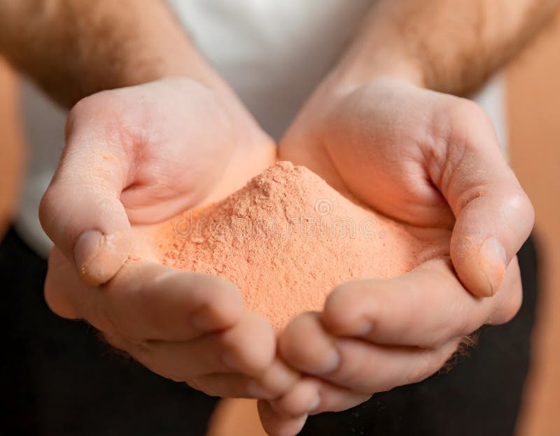 Close-up of Hands Holding Peachy Orange Powder Stock Illustration ...