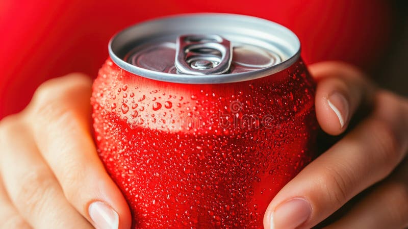 Close-up of Hands Holding Red Soda Can with Water Droplets Stock Image ...