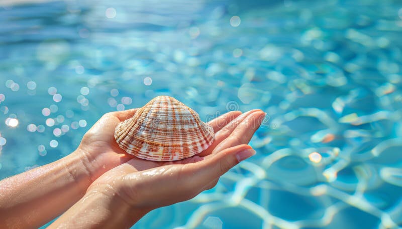 Close Up of Hands Holding a Shell with a Beautiful Sparkle Reflected on ...