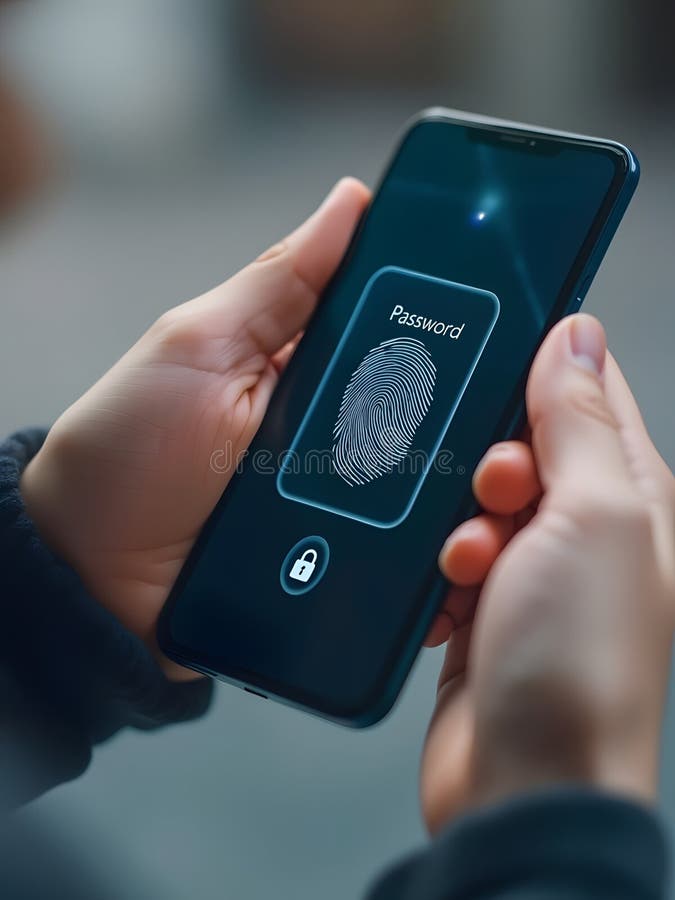 Close-up of Female Hands Holding a Smartphone with a Fingerprint ...