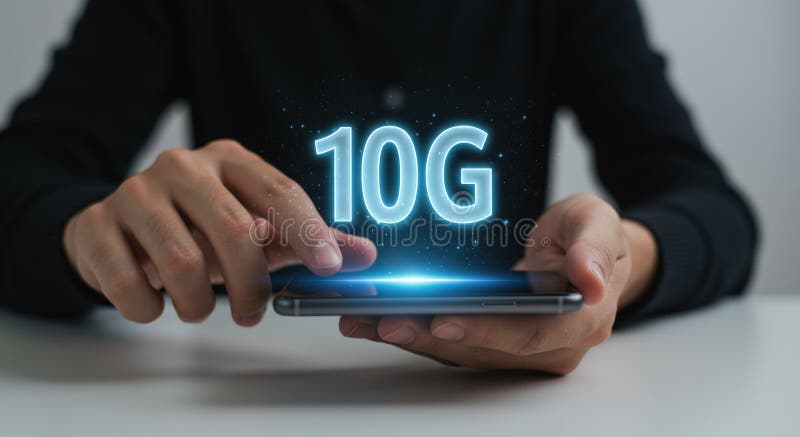 Close-up of Hands Holding Smartphone with 10G Network Hologram Display ...