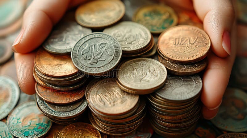 Close Up of Hands Holding Stack of Various Coins, Showcasing Their ...