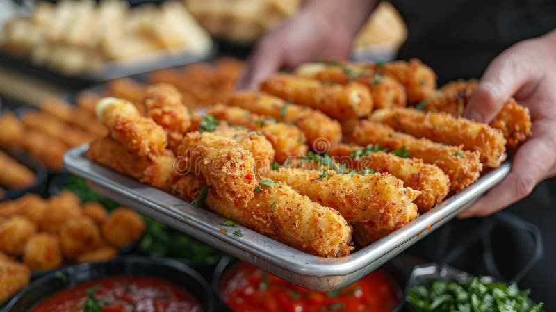 Close-up of Hands Holding a Tray of Crispy Fried Cheese Sticks. Stock ...