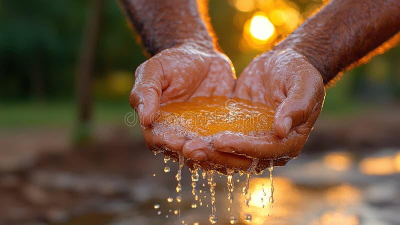 Close Up of Hands Holding Water with Gold at Sunset Stock Image - Image ...
